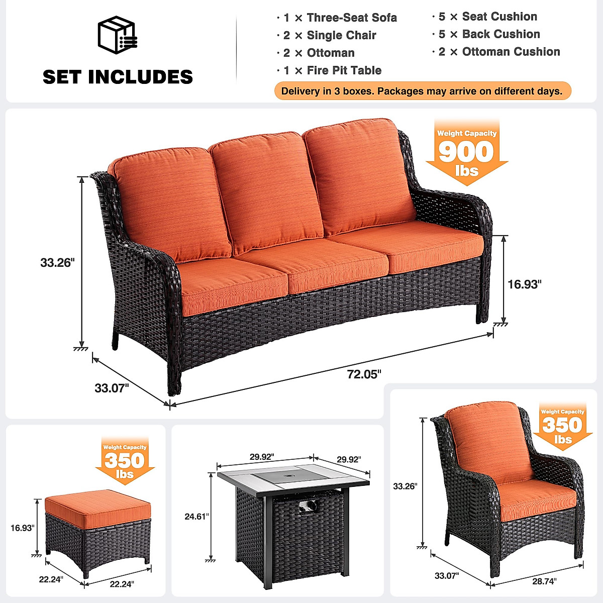 ovios 6 Pieces Patio Furniture Set with 30" Fire Pit Table, Outdoor Wicker Sofa with Ottomans, Comfy Cushions, High Back Couch Conversation Set, Brown Rattan, Orange Red
