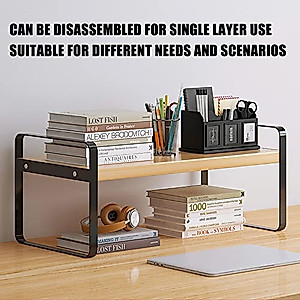 YGYQZ Wood Office Desk Shelf Organizer - Desktop Supplies Cute Dresser Top Organization Storage Rack and Cubicle Decor Aesthetic Bookshelf for Women Man and Kids (Black-Two Tier)