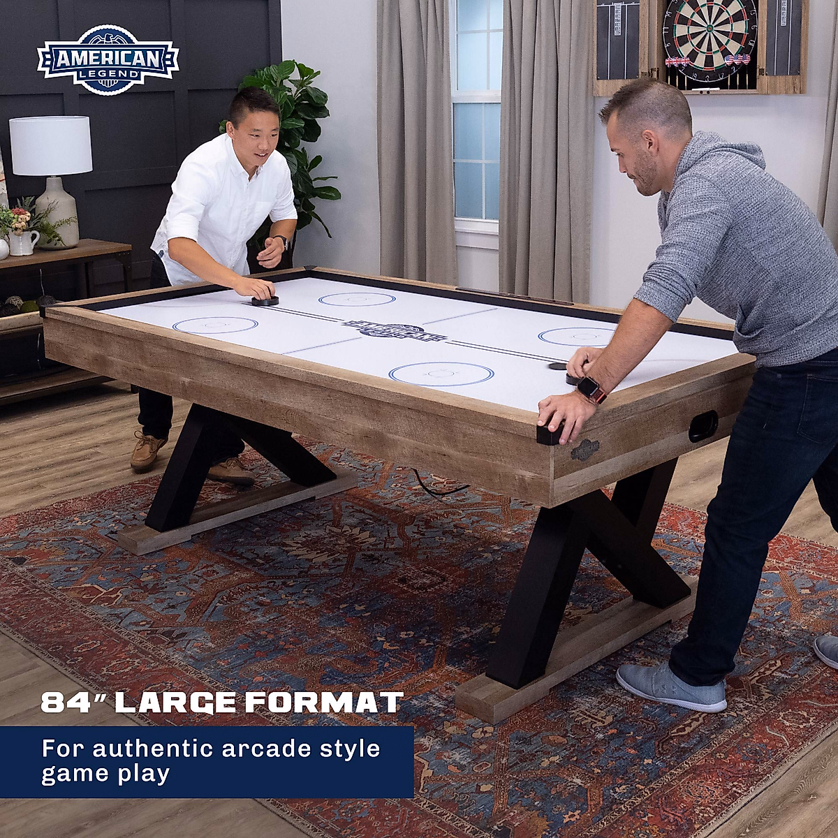 American Legend Kirkwood 84” Air Powered Hockey Table with Rustic Wood Finish, K-Shaped Legs and Modern Design