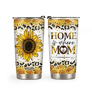 20oz Sunflower Mom Tumbler, Home is where Mom is, Grandma, Mother Gifts, Coffee Thermos for Women, Stainless Steel Double Wall Vacuum Insulated Coffee Mug, Travel Cup with Lid