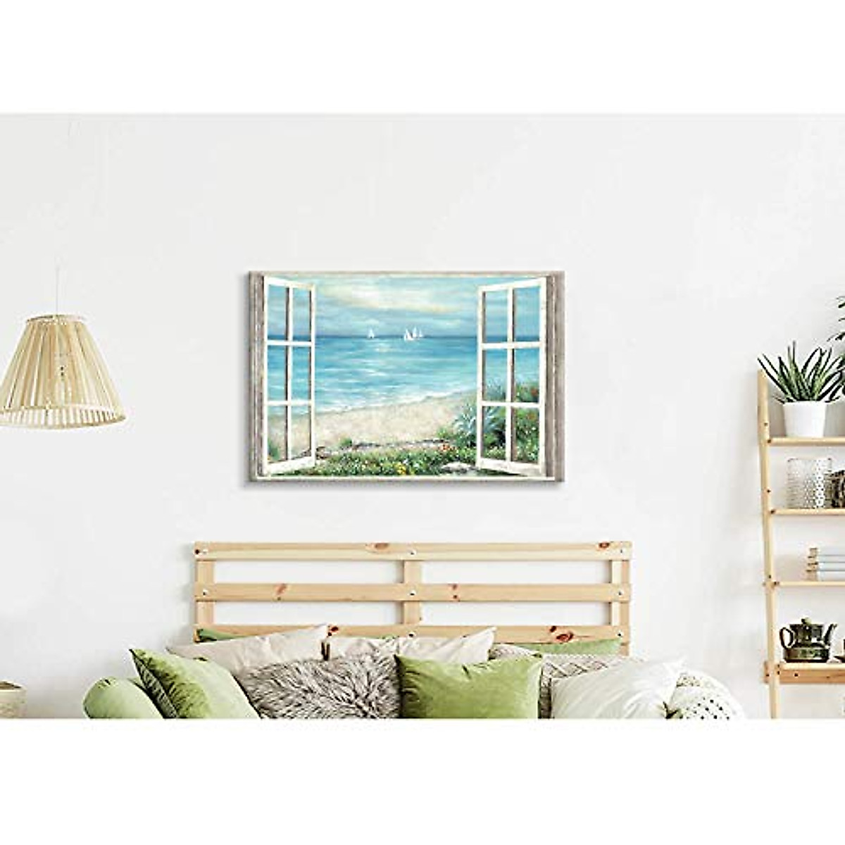 ARTISTIC PATH Window Picture Seascape Wall Art: Sailboat Beach Scene Artwork Painting on Canvas for Office (45" W x 30" H,Multi-Sized)