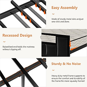 Alohappy Queen Bed Frame with Storage Headboard & Charging Station, PU Leather Platform Bed Frame Queen Size with LED Lights and Hidden Storage, Heavy Duty Metal Slats, No Box Spring Needed, Black