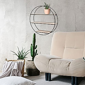 WHW Whole House Worlds Industrial Chic Round Metal Wall Shelf, 3 Levels, Inset Wood, Lacquered Black Iron, 16.5 Inch Diameter