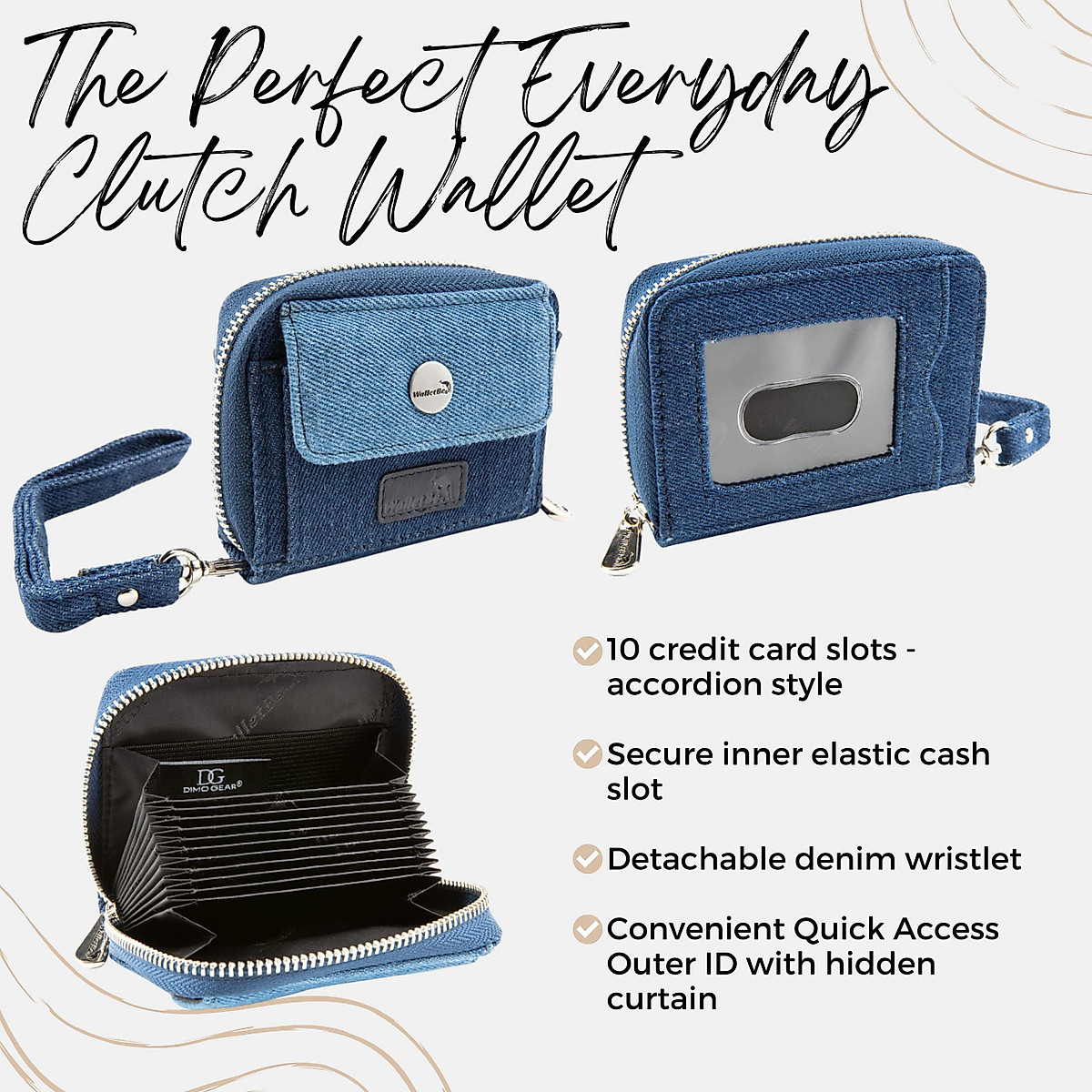 WalletBe Women's Wallet RFID Cash Card Coin Accordion Clutch with Wristlet Blue Denim