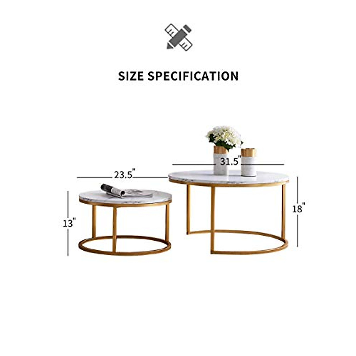 Hdxdkog Nesting Coffee Table Set of 2, Rustic Stacking Nesting Side Tables, Modern Round Marble Pattern Wooden Tables for Living Room Bedroom Apartment (Gold)