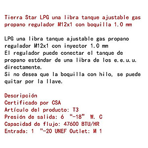 METER STAR LPG 1 lb Adjustable Propane Gas Regulator Knob Pressure Relief Valve M12x1 Nozzle 0.7 mm