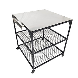 HWGckct Three-Shelf Movable Stainless Steel & Steel Outdoor Dining Cart Table Pizza Oven Protable Grill and Heavy Duty Grill Cart Outdoor Table