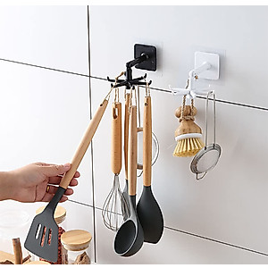 Fengirl Kitchen Utensil Hanger with 6 Hooks, Under Cabinet Utensil Holder Hanger Hook for Kitchen and Bathroom, 360° Rotatable Space Saving No Drilling Nail Free Organizer Hook, 2 Pack (Black)