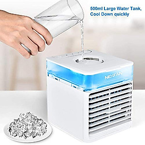 Portable Air Conditioner Fan, Mini Personal Air Cooler Fan with 3 Speed Mode, and USB Input & 7 Colors Night Light, Small Humidifier Air Cooler Desk Table Fan for Home, Office and Room