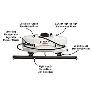 FIMCO 5302318 15 Gallon ATV Sprayer; UV Resistant Polymer Tank, 2.4 GPM High Flo Pump, Steel 2 Nozzle Spraying Boom, Teejet Tips & Lever Grip Handgun