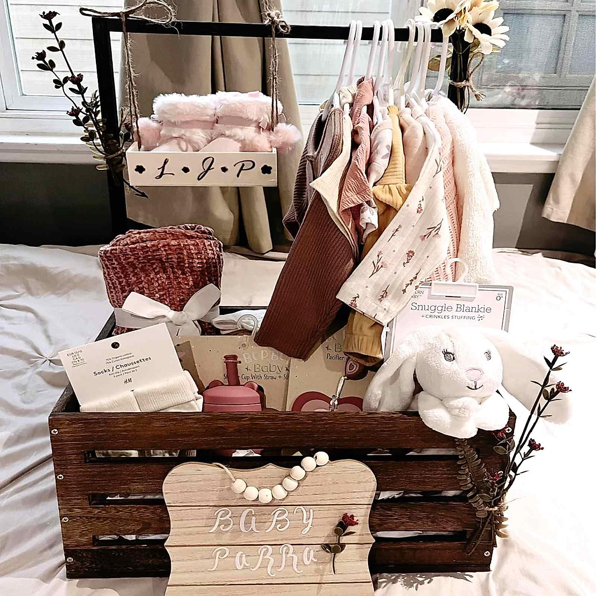 Baby Shower Crate Closet, Large Wooden Baby Basket with Handle, Baby Storage Crate Hamper, Baby Shower Gifts Crate, New Born Baby Gifts Basket for Boys Girls, Pregnancy Gifts for New Parents(Brown)