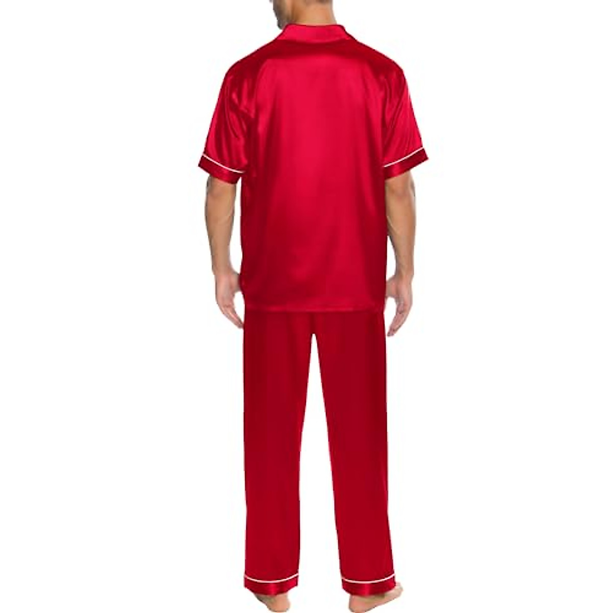 SWOMOG Mens Silky Satin Pajamas Set Short Sleeve Pjs Button Down Sleepwear Top & Long Pants Red XX-Large