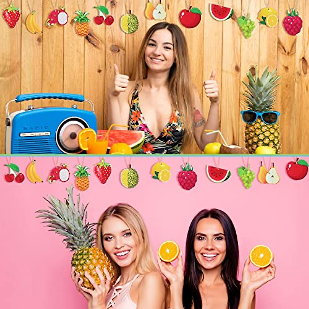 36 Pcs Tutti Frutti Wooden Hanging Ornaments Tropical Fruit Hanging Decor Summer Party Supplies Hawaiian Party Decorations Strawberry Pineapple Cherry Watermelon Lemon for Birthday Luau Beach