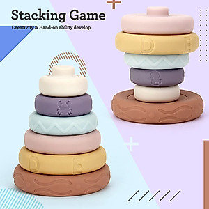 Mini Tudou 6 PCS Baby Girl Toy Stacking & Nesting Toys, Soft Stacking Blocks Ring Stacker, Baby Sensory Teethers Toys w/Letter, Animal and Shape, Early Learning Toys for Babies Toddlers Kids 6 Months
