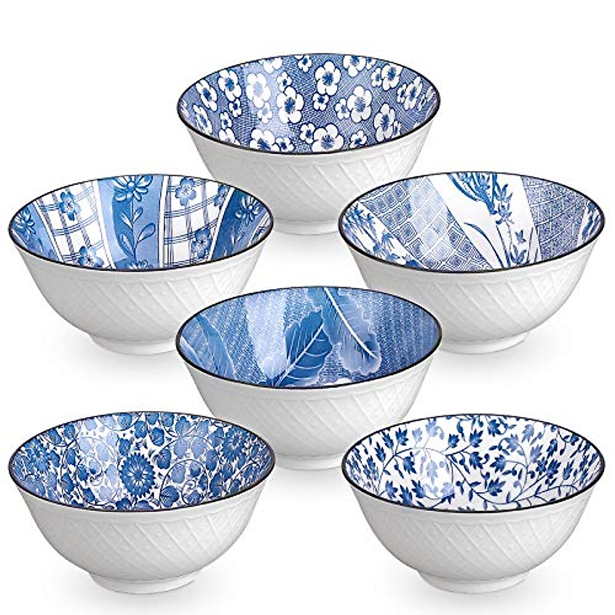 DeeCoo 6 Pack 24-Ounce Japanese Style Ceramic Cereal Bowls for Cereal, Salad, Soup, Pho, Ramen, Dessert, Rice, Noodle, Pasta Bowl Set - Microwave Safe, Stackable, Blue and White, Assorted Patterns