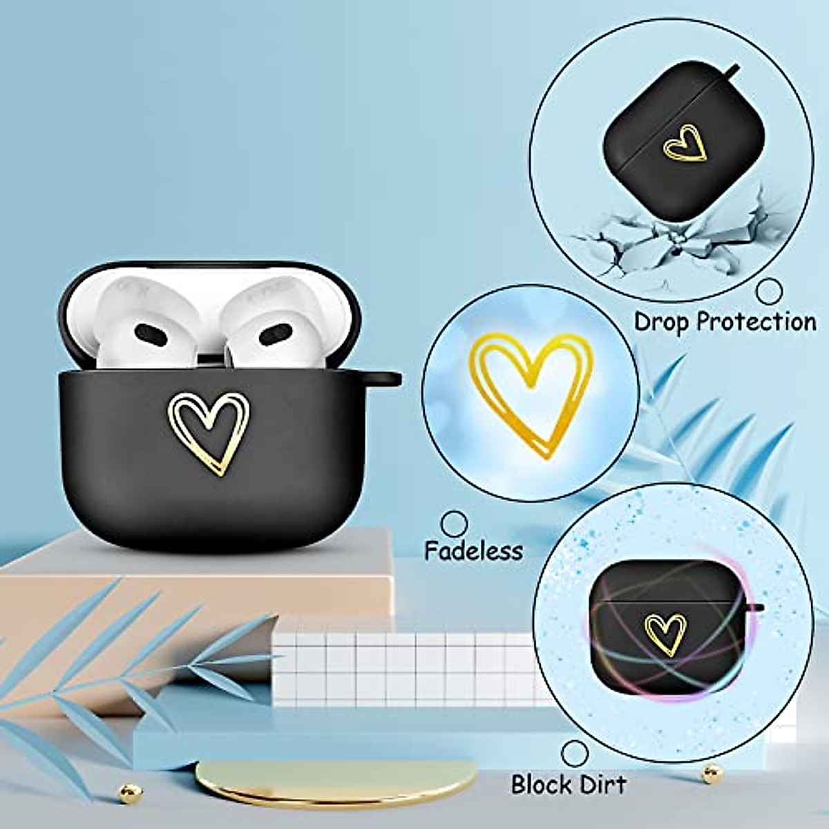 Besoar for Airpods 3rd Generation Case Cute for Women Girls Girly Aesthetic Black Heart Cases with Keychain Buckle for Airpod 3 Pretty Lovely Soft Silicone Cover Unique Design for Air Pods 3 (2021)
