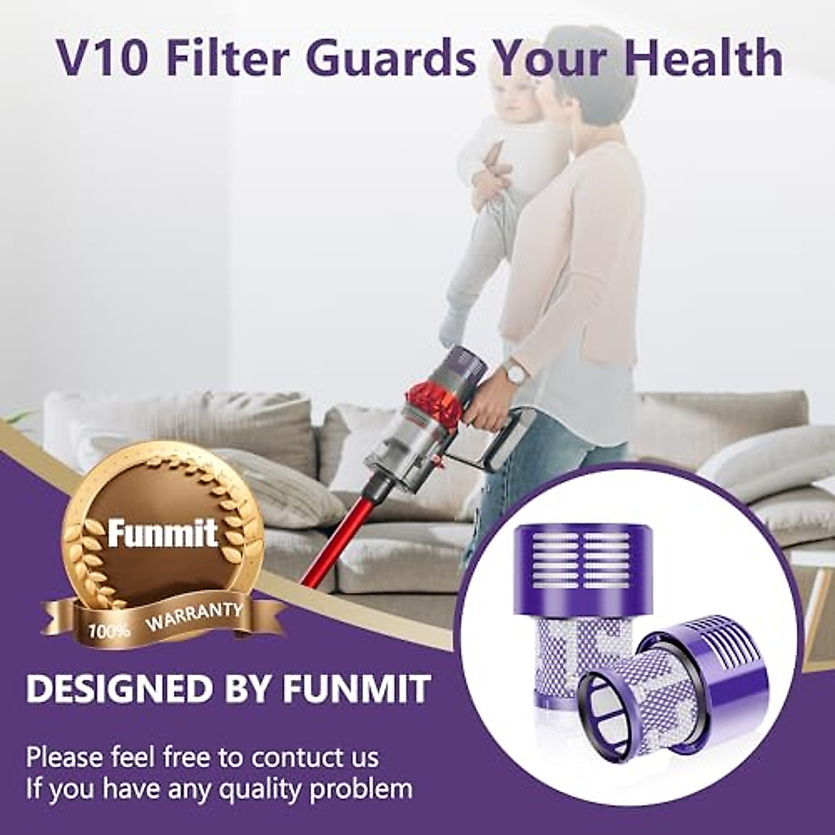 Funmit V10 Filters Replacement for Dyson V10 Cyclone Series, V10 Absolute, V10 Animal, V10 Total Clean, V10 Motorhead, SV12 Vacuum Cleaner, Replaces Part # 969082-01, 2 Pack