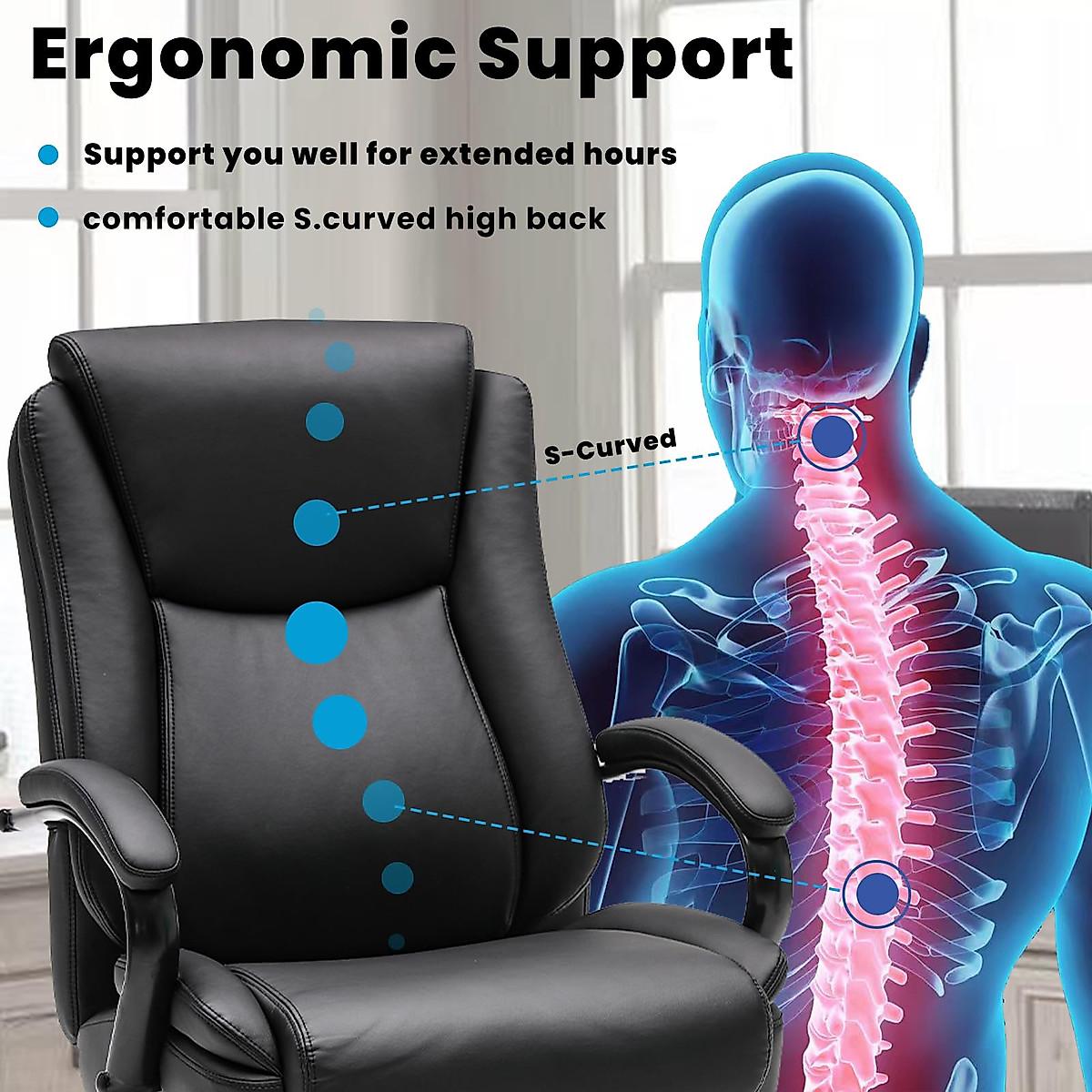 H HAILIBO Office Chair, High Back Big and Tall 400lbs Executive Desk Chair, Bonded Leather Ergonomic Computer Chair with Armrest, Adjustable Height and Swivel Wheels, Black