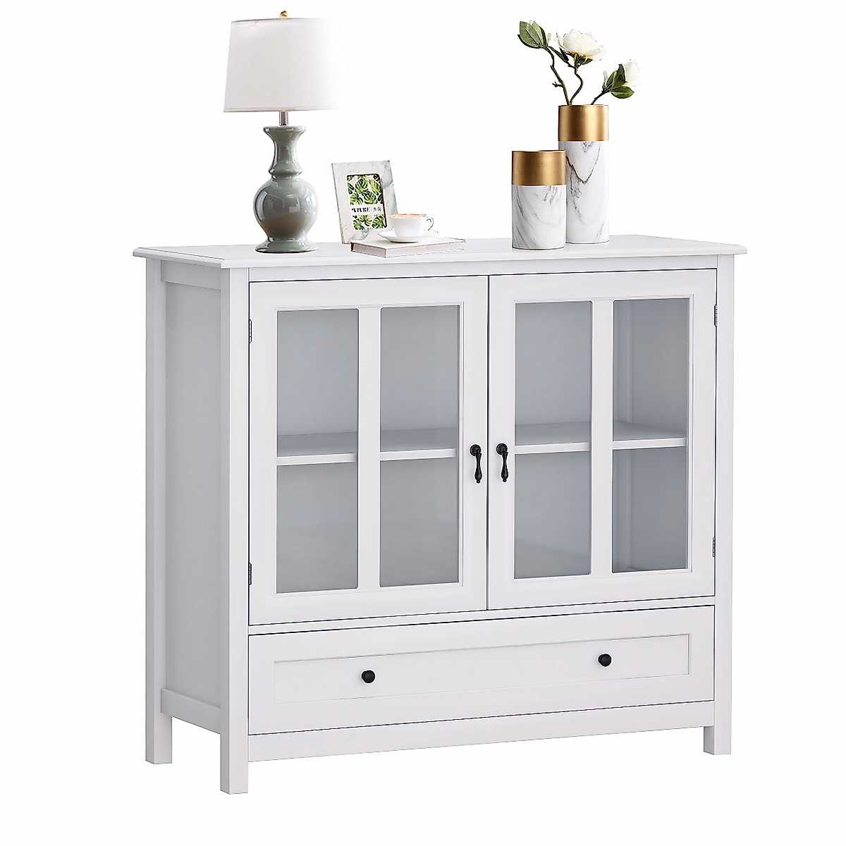 Henf Kitchen Sideboard Buffet Storage Cabinet, Floor Cabinet Cupboard with Double Glass Doors, Free Standing Accent Cabinet with a Drawer and Adjustable Closed Shelf, Perfect for Kitchen Dining Room