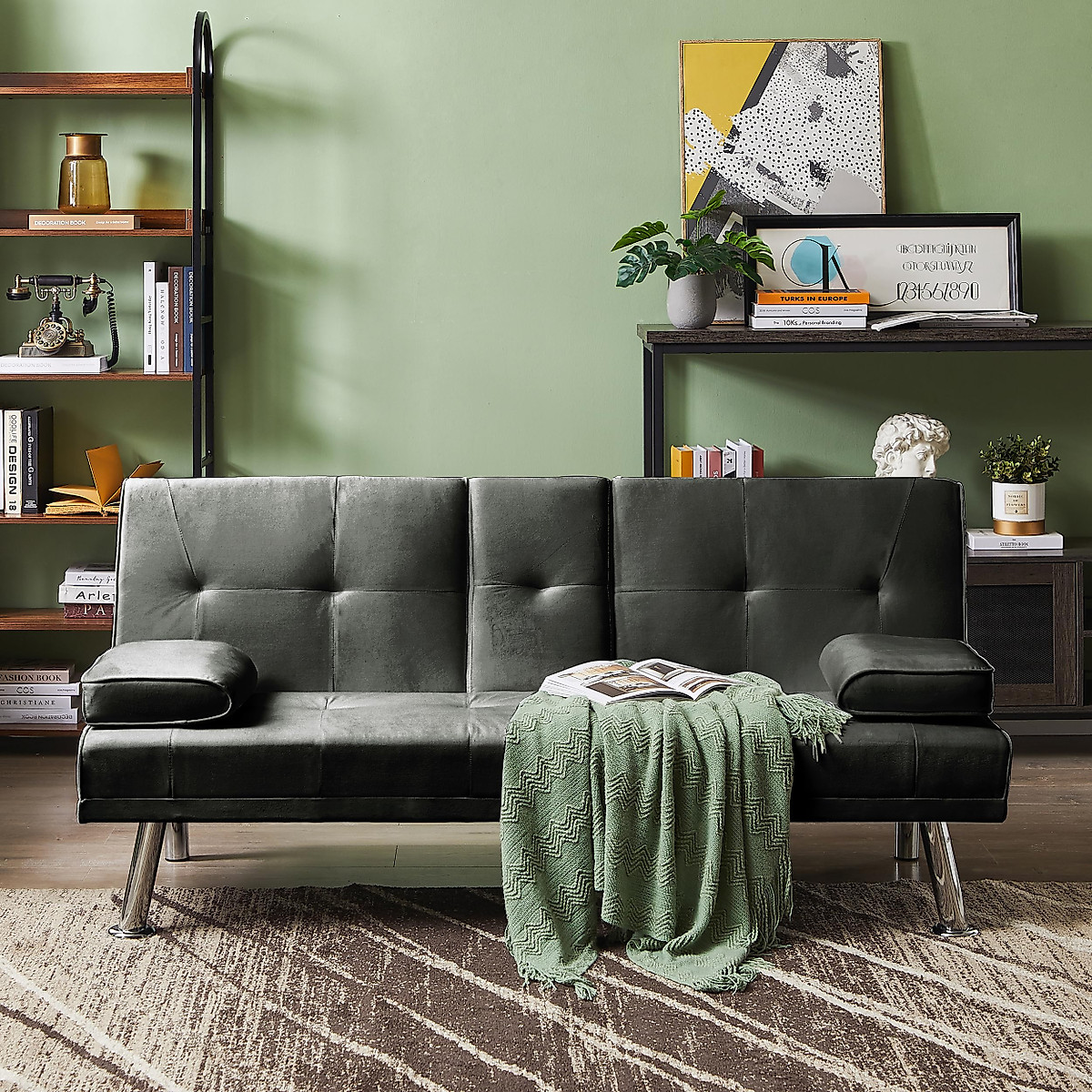 MWrouqfur 66" Modern Linen Fabric Sofa Bed Futon,Convertible Folding Sleeper Couch Bed with Cup Holders w/Removable Armrest,Loveseat Recliner Sofa for Living Room Apartment Office (Grey)