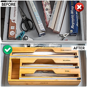 EmBee Home 4-in-1 Bamboo Wrap Organizer Dispenser with Storage for Kitchen Drawer - Compatible with Aluminum Foil, Plastic, and Paper Rolls "12 and "15 Rolls - Slider and Labels Included