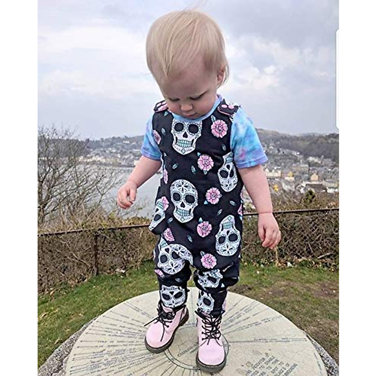 Newborn Infant Baby Girl/Boy Halloween Clothes Skull Floral Romper Jumpsuit Sleeveless Bodysuit Headband Outfit (0-6M, Black)