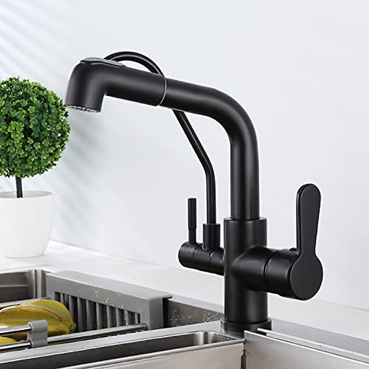 3 Way Kitchen Taps with Pull Out Spray, Kitchen Faucet Brass 360° Rotation Hot and Cold Water Multifunction 3 in 1 Kitchen Water Filter Faucet Black-B