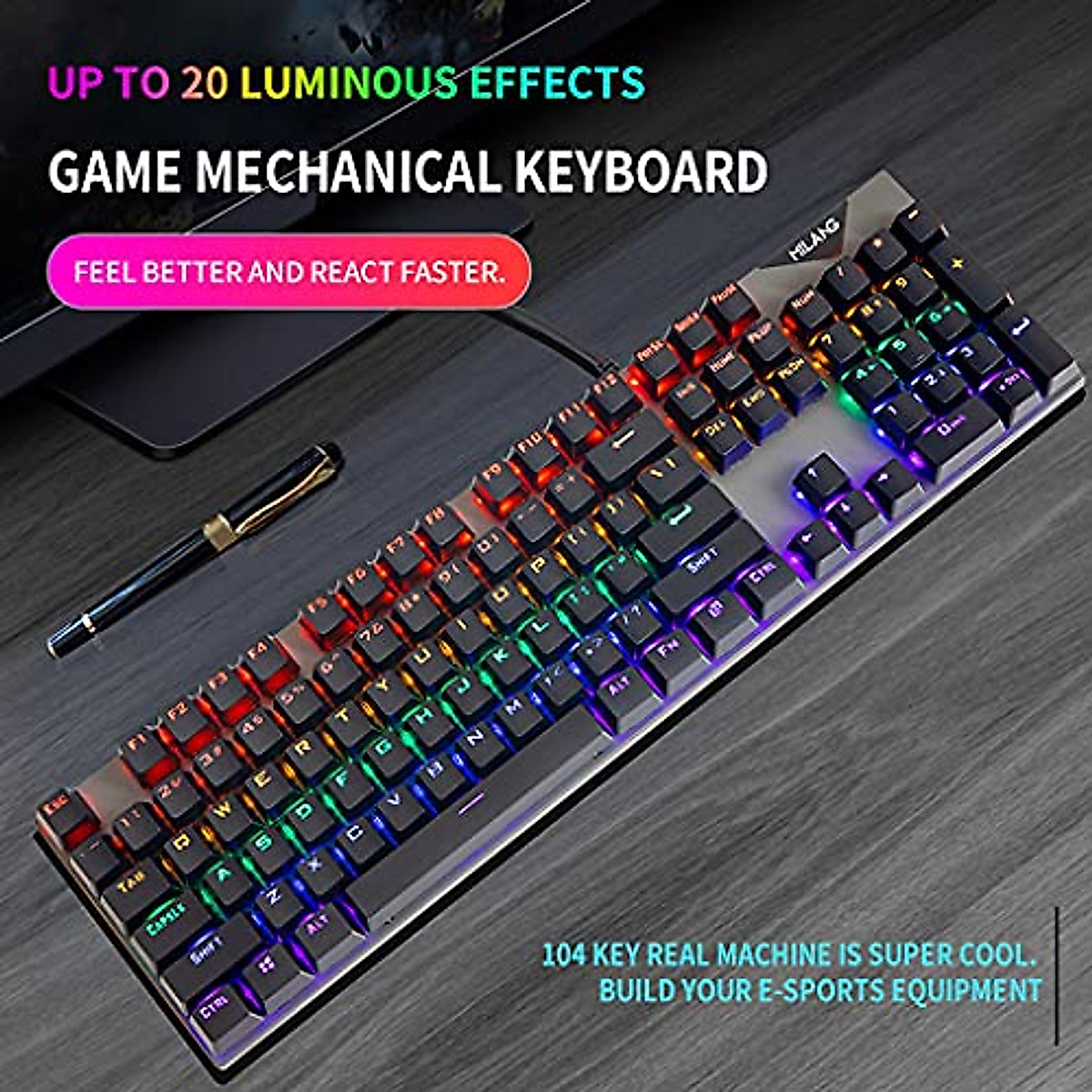 Qksky 104 Key USB Wired RGB Backlight Mechanical Gaming Keyboard Scientific Key Layout Green Axis Anti-Ghosting Keyboard 104 Key Gaming Keyboard