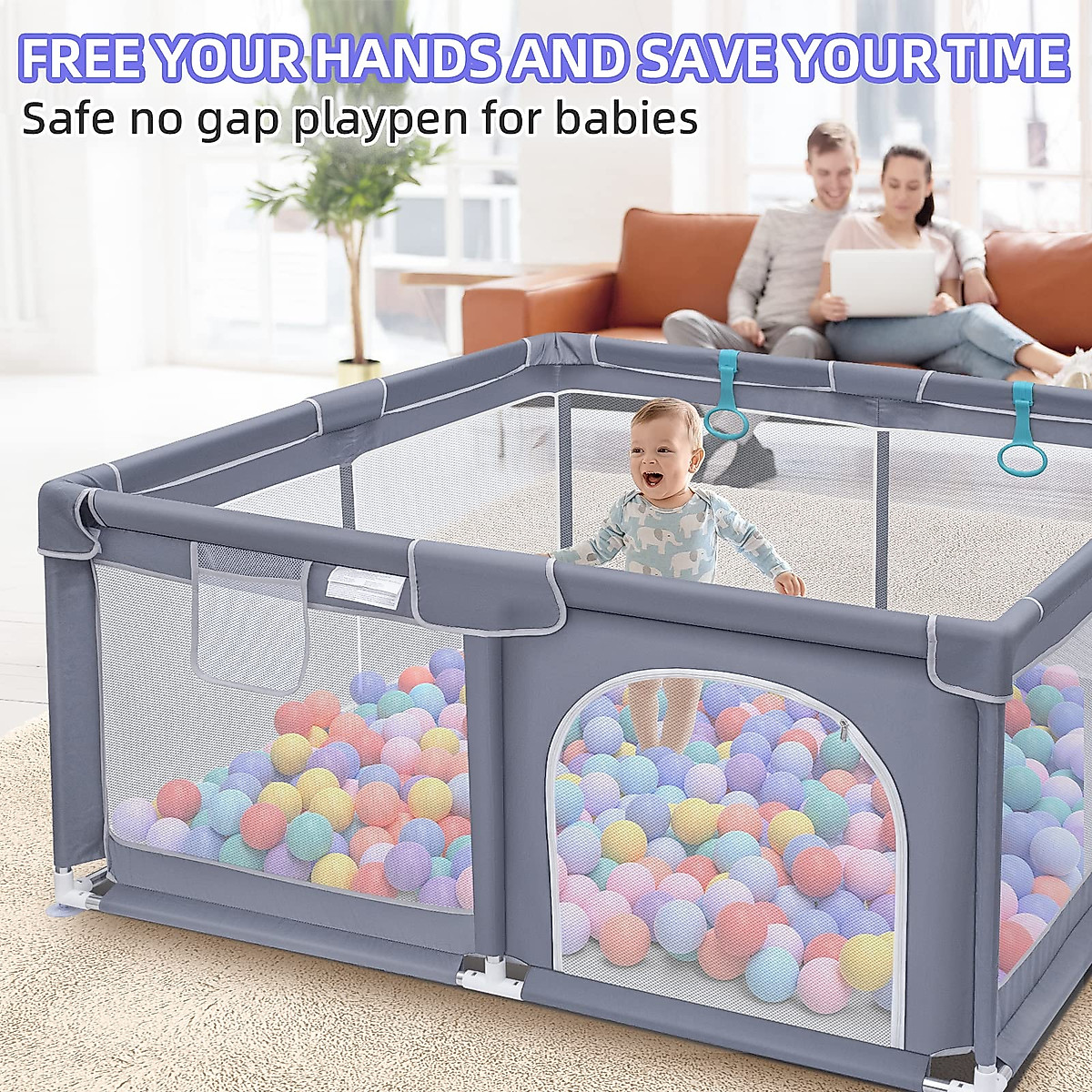 Suposeu Baby Playpen for Toddler, 50”×50” Large Baby Playard, Indoor & Outdoor Kids Activity Center, Sturdy Safety Play Yard with Soft Breathable Mesh, Grey