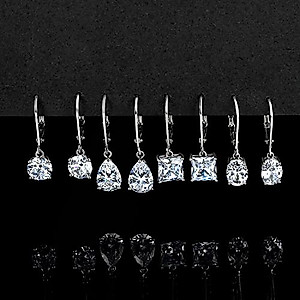 MDFUN 18K White Gold Plated Round Princess Cut Clear Cubic Zirconia Tear Drop Dangle Earrings for Women Hypoallergenic 4 Pairs