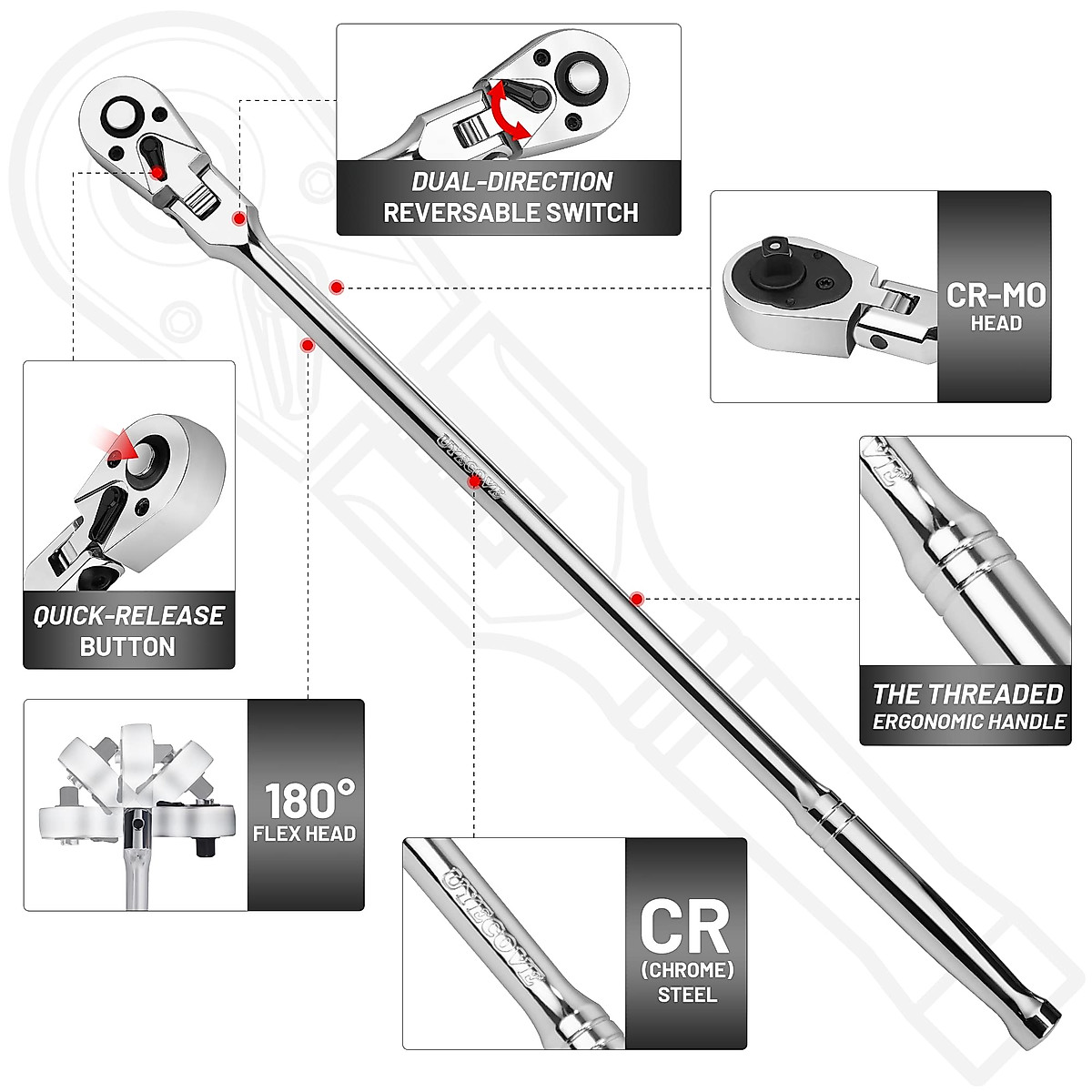 UYECOVE 3/8-Inch Drive Ratchet, Flex Head Ratchet 3/8 Ratchet Long Handle, 72 Tooth Quick Release Cr-Mo Head Socket Wrench-18/457mm