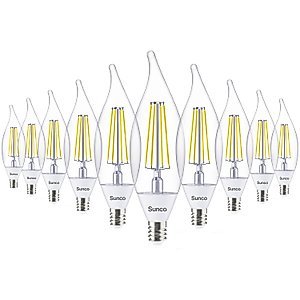 Sunco 10 Pack Dusk to Dawn Candelabra CA11 LED Light Bulbs Outdoor, 5W Equivalent 40W, CRI90 2700K White, Candle Flame Tip, Photocell Sensor, Decorative Filament, 500 Lumens, E12 Base UL