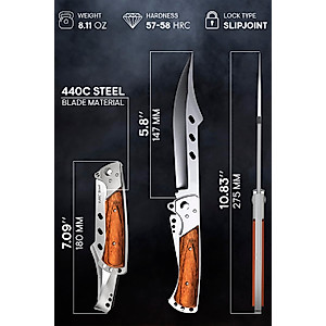 Long Blade Folding Knife - Sharp Hunting Hiking Camping Tactical Survival Work Knives for Men Women - Foldable Large Knife with Rosewood Handle - Fits any Knife Sharpener - Father s Day Gifts 4172