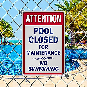 SmartSign-K-2377-PL "Attention - Pool Closed For Maintenance, No Swimming" Sign | 10" x 15" Plastic , Blue/Red on White
