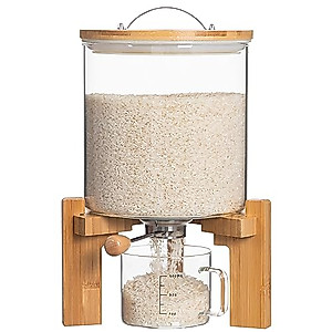 HBlife Glass Rice Dispenser with Wooden Stand Flour and Cereal Container with Glass Measuring Cup Pantry Food Organization Storage Bin with Airtight Bamboo Lid, 5L