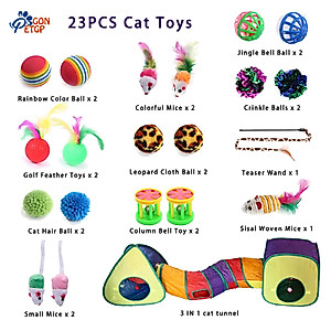 GONPETGP Cat Toys for Indoor Cats, Kitten Toys Set, Collapsible Pet Tunnel Cube Tent Toys, Interactive Cat Feather Teaser Wand Cat Bell Balls Fuzzy Ball Springs Mouse Toys for Cat Kitty (Rainbow)