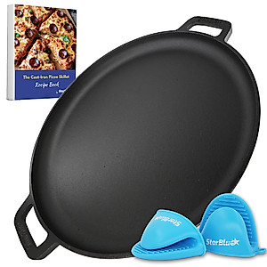 16 Inch Cast Iron Pizza Pan Round Griddle by StarBlue with FREE Silicone Handles and 30 Recipes Ebook– Pre-Seasoned Comal, Kitchen Essentials for Pizza Lovers, Baking, Grill, BBQ, Stove Oven Safe