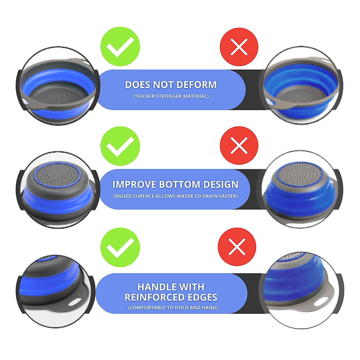 Round Silicone Blue Colander Collapsible – Foldable Kitchen Strainer Small Collapsible Colander Blue with Plastic Handles for Draining Vegetable and Fruit Round Silicone Kitchen Strainer for Pasta