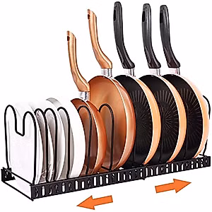 Pot and Pan Organizer Rack For Cabinet, Expandable Pot Organizer Rack - Pans Pots Lid Organizer For Kitchen Cabinet Pantry Bakeware Pot and Pan Rack Holder with 10 Adjustable Compartments