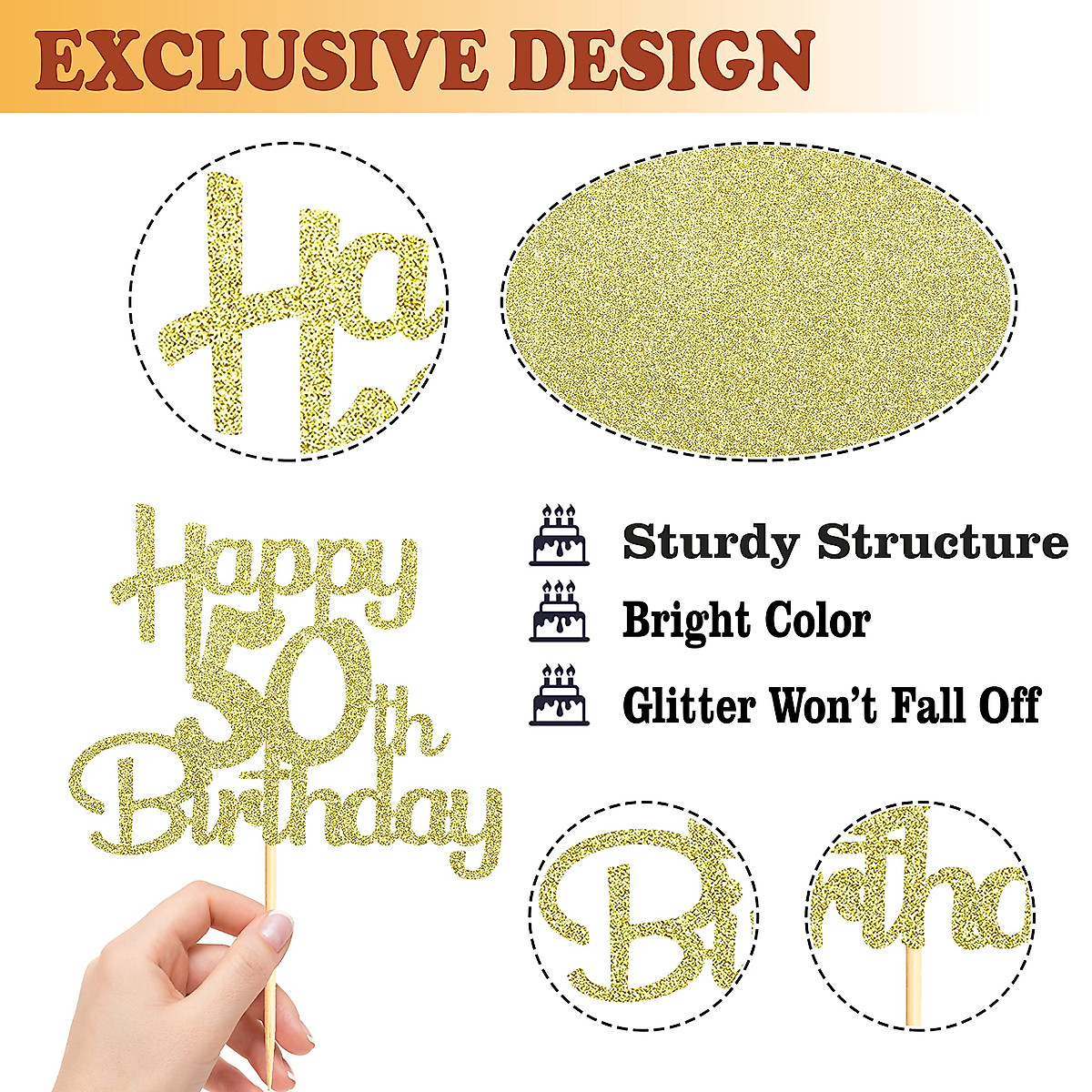 Sotpot Happy 50th Birthday Cake Topper Gold Glitter 50th Cake Toppers 50 Birthday Cake Decorations Cheers to 50 Fabulous Party Cake Picks - 1 Pack