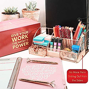 OFFICE ALMIGHTY Rose Gold Desk Organizer for Women: Exclusive Large 6 in 1 Mesh Metal Supplies Organizer with Pen Holders, Folder Holder & Accessories Drawer + BONUS 171 Clips Set w/ a Plastic Box