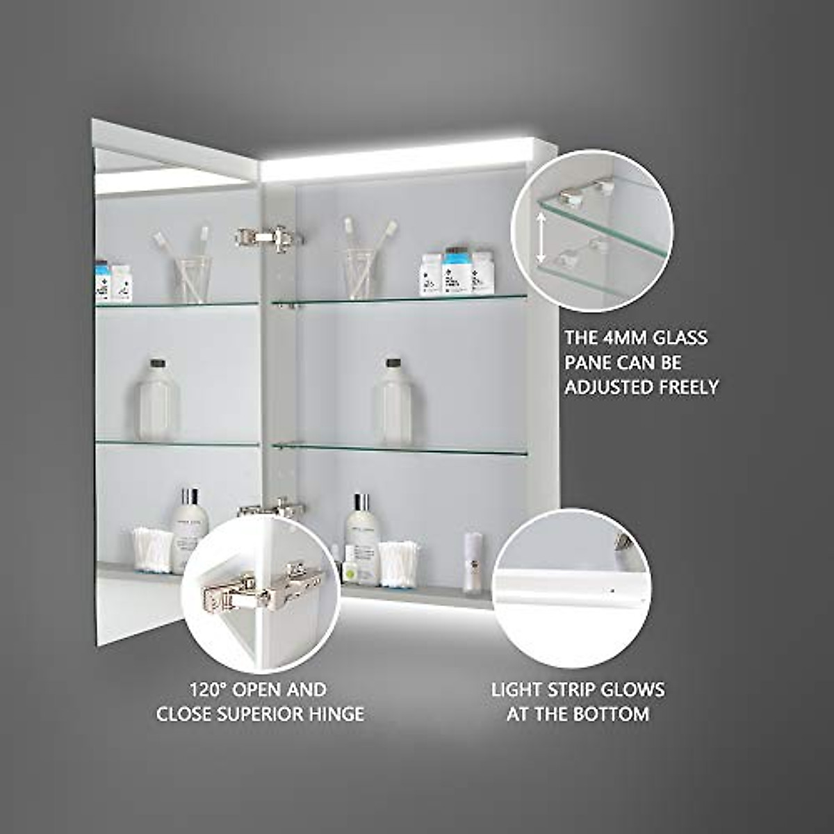 ExBrite 24''x 30''LED Lighted Bathroom Medicine Cabinet with Mirror,Surface Lighted Medicine Cabinet,Dimmable,Adjustable Shelves,Intelligent Switch Medicine Cabinet, Aluminum Frame,Hinge On Left Side