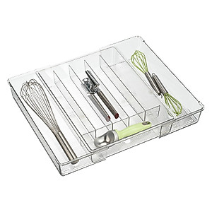 mDesign Dual Expandable Plastic In-Drawer Utensil Organizer Tray Deep 6 Divided Sections for Kitchen Organization; Holds Cutlery, Flatware, Silverware, Cooking Utensils, Ligne Collection - Clear