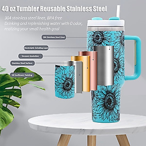 WEXINBF 40oz Tumbler With Handle And Straw Lid, Double Wall Vacuum Insulated Tumbler for Hot or Cold Drink, Stainless Steel Water Bottle Travel Mug, Large Iced Coffee Cup (Hot Pink Sunflower)