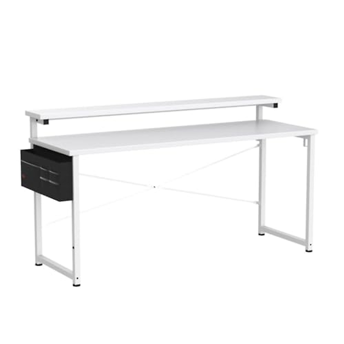 ODK Computer Desk with Adjustable Monitor Shelves, 63 inch Home Office Desk with Monitor Stand, Writing Desk, Study Workstation with 3 Heights (10cm, 13cm, 16cm), White + White Leg