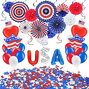 52 Pieces 4th of July Decorations Set - Red White Blue American Flag Hanging Honeycomb Paper Fans, Pom Poms, Swirls, Latex Balloons, Foil Letter / Heart / Stars Balloons, Star Streamer Party Supplies