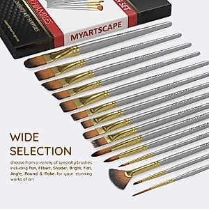 MyArtscape Artist Quality Painting Set - Acrylic Paint Set - 12 x 12ml Tubes - with Premium Set of 15 Short Handle Art Brushes for Watercolor, Acrylic & Oil Painting