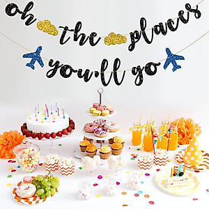 INNORU Oh The Places You'll Go Banner - Travel Theme Farewell Party Bunting Decor - Bon Voyage - Birthday Anniversary Graduation Baby Shower Party Decorations, Black Glitter