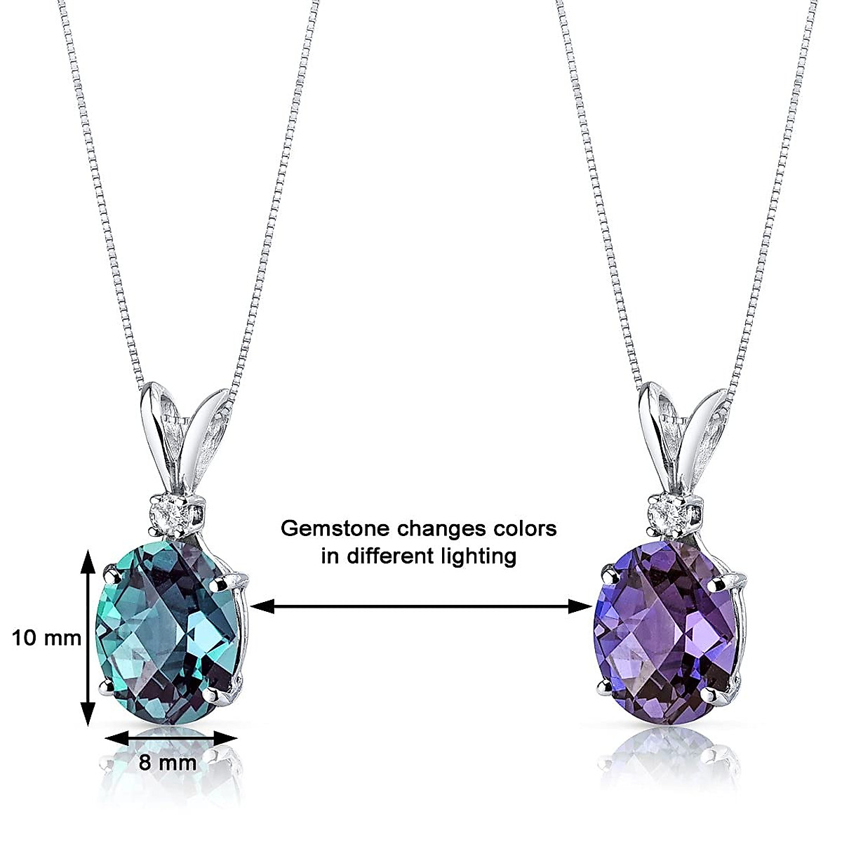 PEORA Created Alexandrite with Genuine Diamond Pendant 14K White Gold, Color-Changing Solitaire, 3.30 Carats Oval Shape 10x8mm
