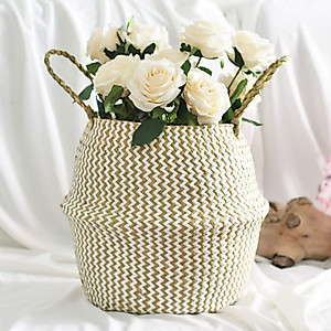 NUOBESTY Natural Round Seagrass Belly Basket with Handles for Storage Nursery Laundry Picnic Plant Pot Cover and Grocery and Toy Storage